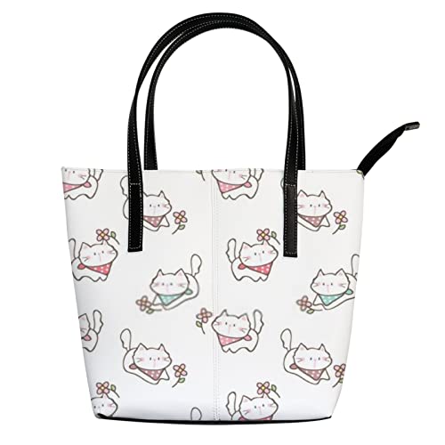 Fashionable women's handbag tote bag, Cartoon Cat and Flowerprinted shoulder bag is light and durable