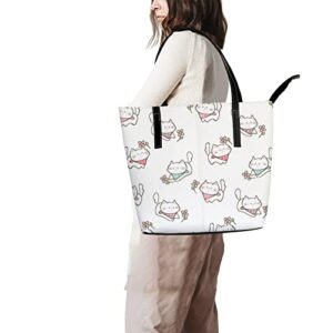 Fashionable women's handbag tote bag, Cartoon Cat and Flowerprinted shoulder bag is light and durable