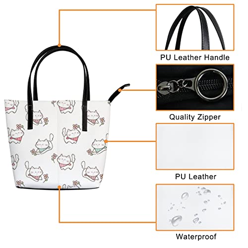 Fashionable women's handbag tote bag, Cartoon Cat and Flowerprinted shoulder bag is light and durable