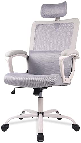 SMUG Ergonomic Mesh High Back Computer Adjustable Headrest,Lumbar Support, Tilt Function,Swivel Rolling, Soft PU Armrest Task Home Office Desk Chairs, Light Grey