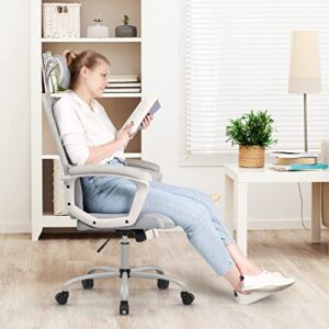 SMUG Ergonomic Mesh High Back Computer Adjustable Headrest,Lumbar Support, Tilt Function,Swivel Rolling, Soft PU Armrest Task Home Office Desk Chairs, Light Grey