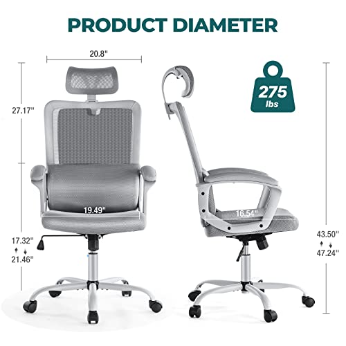 SMUG Ergonomic Mesh High Back Computer Adjustable Headrest,Lumbar Support, Tilt Function,Swivel Rolling, Soft PU Armrest Task Home Office Desk Chairs, Light Grey