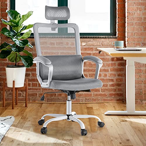 SMUG Ergonomic Mesh High Back Computer Adjustable Headrest,Lumbar Support, Tilt Function,Swivel Rolling, Soft PU Armrest Task Home Office Desk Chairs, Light Grey