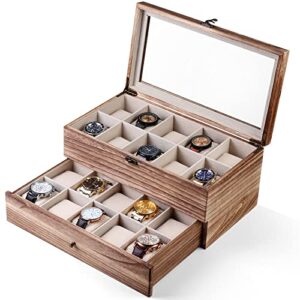 meangood watch box organizer for men women, large 2 tier solid wood display case with glass top for 20 watches, vintage style watch holder torched wood