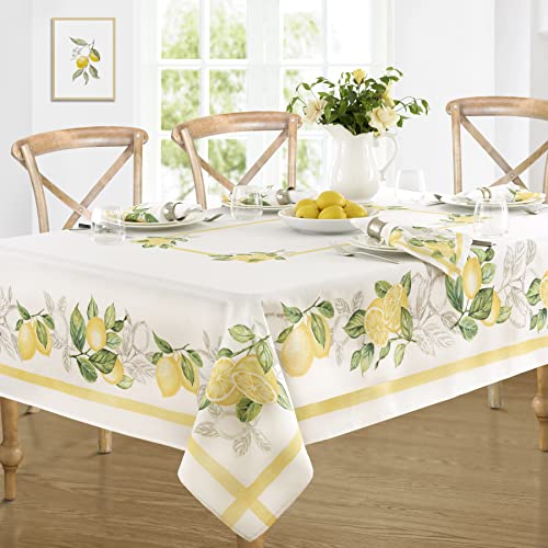 Newbridge Lemon Orchard Farmhouse Bordered Fabric Tablecloth - Fresh Lemon Vine Border Stain and Wrinkle Resistant Tablecloth, 60 Inch x 84 Inch Oblong/Rectangle