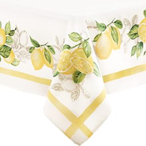 Newbridge Lemon Orchard Farmhouse Bordered Fabric Tablecloth - Fresh Lemon Vine Border Stain and Wrinkle Resistant Tablecloth, 60 Inch x 84 Inch Oblong/Rectangle