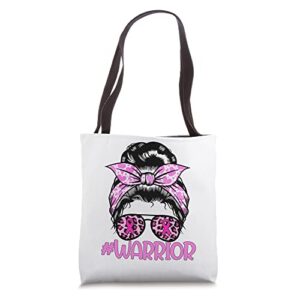 messy bun glasses leopard pink breast cancer warrior tote bag