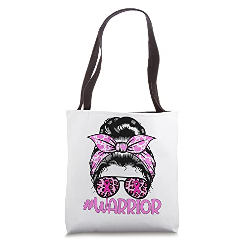 Messy Bun Glasses Leopard Pink Breast Cancer Warrior Tote Bag