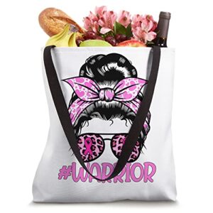 Messy Bun Glasses Leopard Pink Breast Cancer Warrior Tote Bag