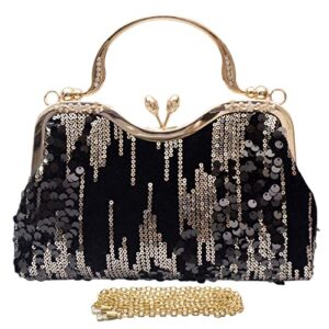 gionforsy 1920s flapper handbag evening clutch bag for wedding cocktail dance party roaring 20s gastby beaded bag (black gold)