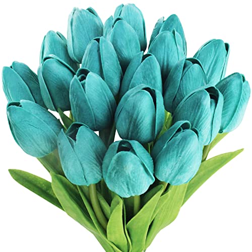 20 Pcs Artificial Turquoise Tulip Flowers Faux Tulip Stems PU Real Touch Tulips 12.8" Tall for Easter Spring Vase Wedding Bouquets Floral Arrangements Wreath Table Centerpiece Indoor Outdoor Decor