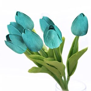 20 Pcs Artificial Turquoise Tulip Flowers Faux Tulip Stems PU Real Touch Tulips 12.8" Tall for Easter Spring Vase Wedding Bouquets Floral Arrangements Wreath Table Centerpiece Indoor Outdoor Decor