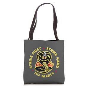 cobra kai strike first cobra logo tote bag