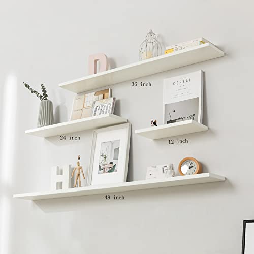 24 Inch Floating Shelves White Floating Shelf for Wall Set of 2, Durable Natural Wood Oak Floating Shelf for Bedroom Bathroom Kitchen, Easy Assembly, Classic Design, White Color, 24*6*0.8 (2 Pack)