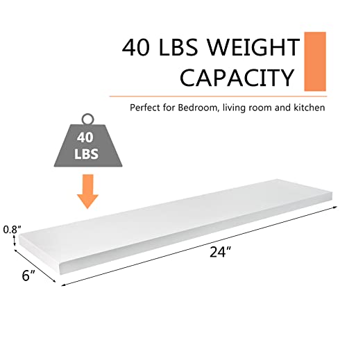 24 Inch Floating Shelves White Floating Shelf for Wall Set of 2, Durable Natural Wood Oak Floating Shelf for Bedroom Bathroom Kitchen, Easy Assembly, Classic Design, White Color, 24*6*0.8 (2 Pack)