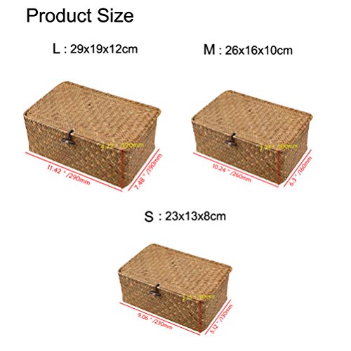 FOMIYES Seagrass Storage Baskets with Lid：Natural Wicker Baskets Woven Rectangular Basket Bins for Household Organizer Boxes Shelf Wardrobe Organizer- Size S