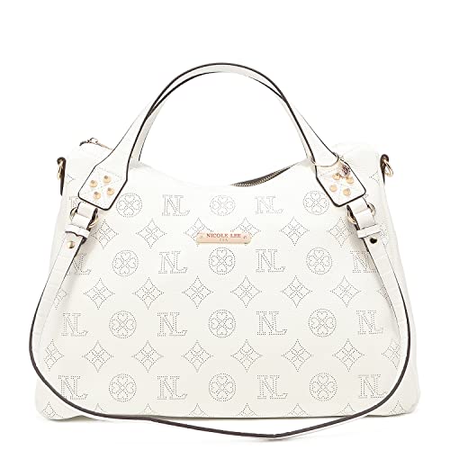 Nicole Lee Fashion Designer Logo Monogram Jolie Satchel, Faux Exotic Medium Top Handle Handbag with Crossbody Straps (White)