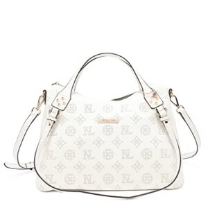 Nicole Lee Fashion Designer Logo Monogram Jolie Satchel, Faux Exotic Medium Top Handle Handbag with Crossbody Straps (White)