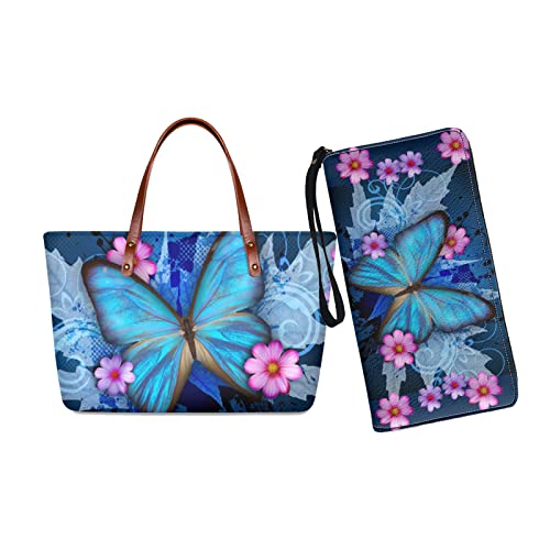 Suhoaziia Shoulder Bag for Women Set Handbag Wallet Purse Blue Animal Butterfly Travel Ladies Tote Satchel Bags