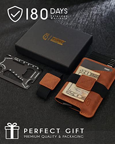 Minimalist Wallet for Men and Women - Mens Wallets RFID Blocking Wallet Hybrid Ejector Wallet for Men Credit Card Holder for Women Best Front Pocket Wallet Quick Card Access EDC Gear (Saddle Brown)