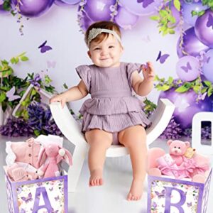 Levfla Purple Butterfly Baby Centerpiece Boxes with Butterfly Cutouts, Party Floral Arrangement, Baby Shower Table Decoration without Flowers, Set of 4 Blocks & 8 PCS Butterfly Cardstocks