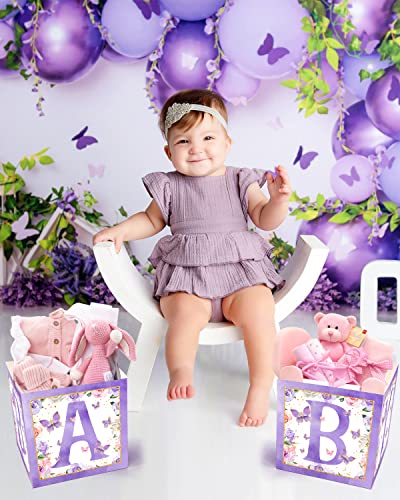 Levfla Purple Butterfly Baby Centerpiece Boxes with Butterfly Cutouts, Party Floral Arrangement, Baby Shower Table Decoration without Flowers, Set of 4 Blocks & 8 PCS Butterfly Cardstocks