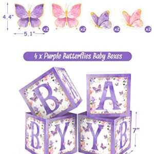 Levfla Purple Butterfly Baby Centerpiece Boxes with Butterfly Cutouts, Party Floral Arrangement, Baby Shower Table Decoration without Flowers, Set of 4 Blocks & 8 PCS Butterfly Cardstocks