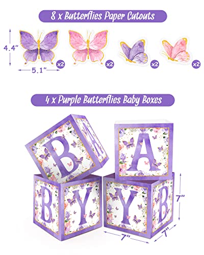 Levfla Purple Butterfly Baby Centerpiece Boxes with Butterfly Cutouts, Party Floral Arrangement, Baby Shower Table Decoration without Flowers, Set of 4 Blocks & 8 PCS Butterfly Cardstocks