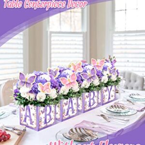 Levfla Purple Butterfly Baby Centerpiece Boxes with Butterfly Cutouts, Party Floral Arrangement, Baby Shower Table Decoration without Flowers, Set of 4 Blocks & 8 PCS Butterfly Cardstocks