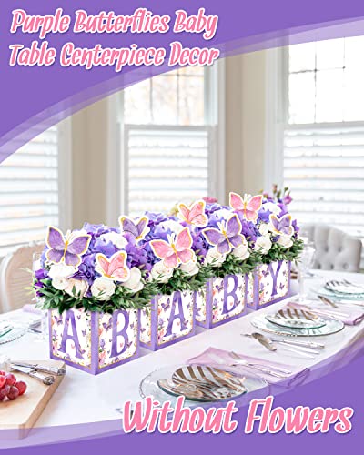 Levfla Purple Butterfly Baby Centerpiece Boxes with Butterfly Cutouts, Party Floral Arrangement, Baby Shower Table Decoration without Flowers, Set of 4 Blocks & 8 PCS Butterfly Cardstocks