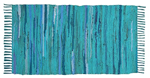 Cotton Rag Rug 24''x36''- 2x3'- Multicolor Chindi Rug - Hand Woven Washable & Reversible for Living Room Kitchen Entryway Bedroom Rug Rag with Tassel (Aqua)