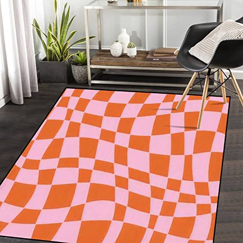 CAWIADFWJO Area Rug Retro Groovy Wavy Psychedelic Checkerboard Check Y2K 90s Phone Case Non-Slip Soft Carpet Floor Mat Indoor Outdoor Runner Rugs Yoga Home Decor for Living Room Bedroom, 47''x63''