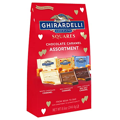 Ghirardelli Chocolate Chocolate Caramel Squares Assortment, Chocolate Squares for Valentines, 8.6 OZ Bag, Red