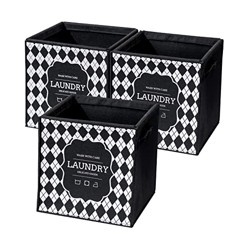 LUFOFOX Felt Fabric Bins,Set of 3,Collapsible Storage Bins with Handles,Foldable Storage Cubes for Shelves,Small Clothes Basket ,11.8"×11.8"×12.2" (Black)