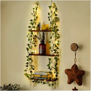 hanging shelf with vine lights, macrame plant shelf, wall shelf, wall storage with handmade woven ropes, 3 tier floating shelf, boho room decor aesthetic for succulents, bedroom, living room, bathroom