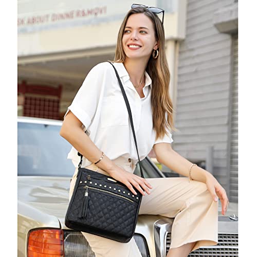 CLUCI Crossbody Bags Purses for Women, Leather Messenger Tassel Bag, Medium Travel Handbags Multiple Pockets, Fall Vintage Shoulder Bags Black