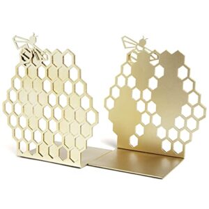 honeycomb book ends – premium gold decorative bookends for shelves – heavy duty bookends for heavy books – modern metal non-skid book holders (1 pair, 2 pieces) by special lucy