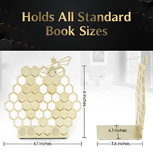 Honeycomb Book Ends - Premium Gold Decorative Bookends for Shelves - Heavy Duty Bookends for Heavy Books - Modern Metal Non-Skid Book Holders (1 Pair, 2 Pieces) by Special Lucy