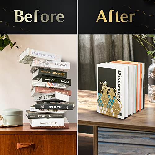 Honeycomb Book Ends - Premium Gold Decorative Bookends for Shelves - Heavy Duty Bookends for Heavy Books - Modern Metal Non-Skid Book Holders (1 Pair, 2 Pieces) by Special Lucy