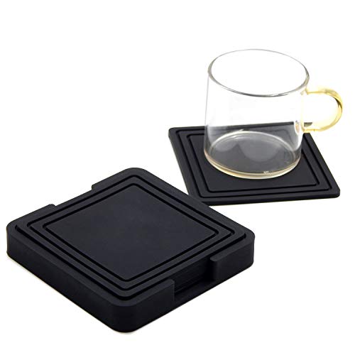 TOSSOW Square Drink Coaster with Holder（ Set of 6pcs） Black Silicone Coasters, Non-Slip Heat Resistant Insulation Durable Coffee Drinks Wine Cup Mat