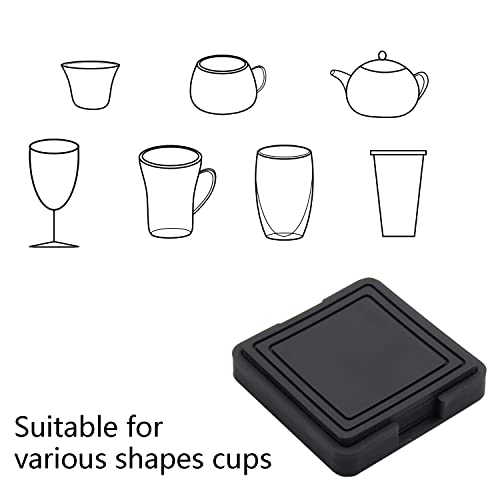 TOSSOW Square Drink Coaster with Holder（ Set of 6pcs） Black Silicone Coasters, Non-Slip Heat Resistant Insulation Durable Coffee Drinks Wine Cup Mat