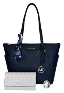 michael kors charlotte large zip tote bundled with matching trifold wallet purse hook (navy/signature mk bright white)