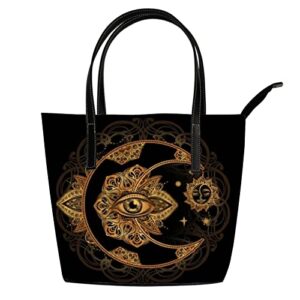 black vintage boho golden moon sun and mandala tote bag for women leather handbags women’s crossbody handbags work tote bags for women coach handbags tote bag with zipper.