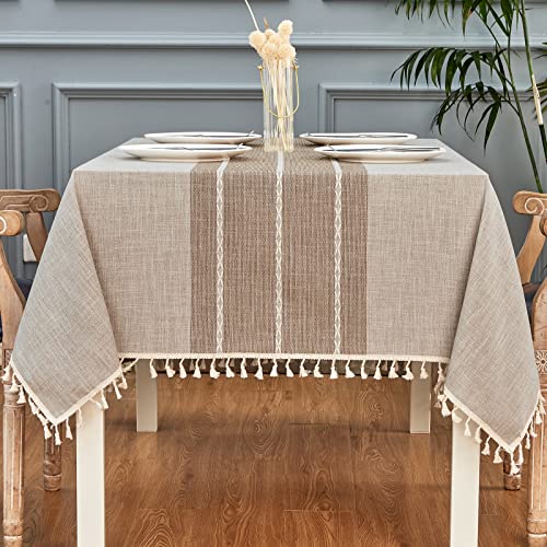 Mebakuk Rectangle Table Cloth Linen Farmhouse Tassel Tablecloth Wrinkle Free and Dust-Proof Decorative Embroidered Fabric Table Cover for Kitchen (Oblong 55" x 70" (4-6 Seats), Coffee Stripe)