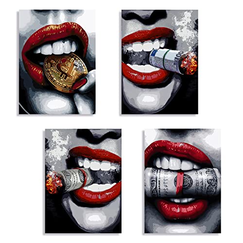 Bnhcoe Fashion Black and Red Pictures for Canvas Wall Decor, Red and Black Lips Room Decor, Burning Dollar Money Wall Art Pictures Prints Posters for Womens Bedroom Decor Set of 4