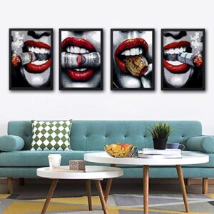 Bnhcoe Fashion Black and Red Pictures for Canvas Wall Decor, Red and Black Lips Room Decor, Burning Dollar Money Wall Art Pictures Prints Posters for Womens Bedroom Decor Set of 4