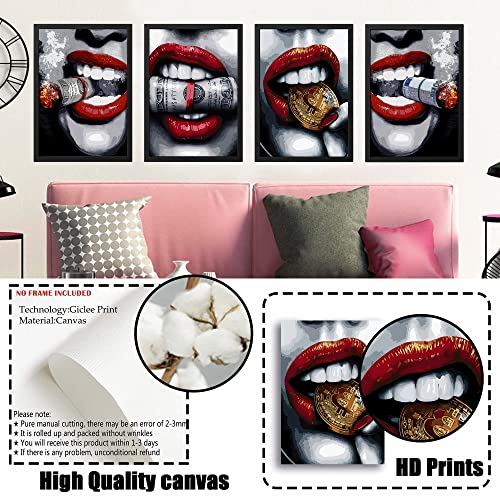 Bnhcoe Fashion Black and Red Pictures for Canvas Wall Decor, Red and Black Lips Room Decor, Burning Dollar Money Wall Art Pictures Prints Posters for Womens Bedroom Decor Set of 4