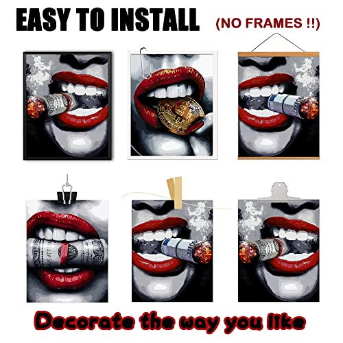 Bnhcoe Fashion Black and Red Pictures for Canvas Wall Decor, Red and Black Lips Room Decor, Burning Dollar Money Wall Art Pictures Prints Posters for Womens Bedroom Decor Set of 4