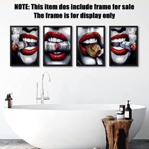 Bnhcoe Fashion Black and Red Pictures for Canvas Wall Decor, Red and Black Lips Room Decor, Burning Dollar Money Wall Art Pictures Prints Posters for Womens Bedroom Decor Set of 4