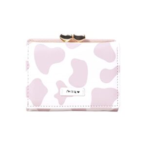 sunwel fashion girls cute cow print kiss lock coin pouch tri-folded wallet small wallet cash pocket card holder id window purse for women